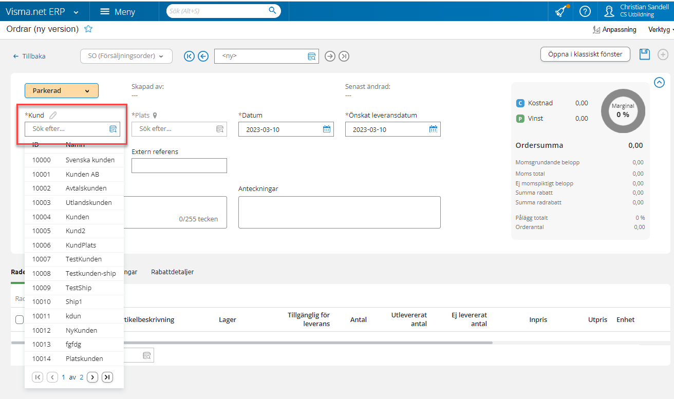 Nya orderfönstret - Skapa en ny order - Visma Community