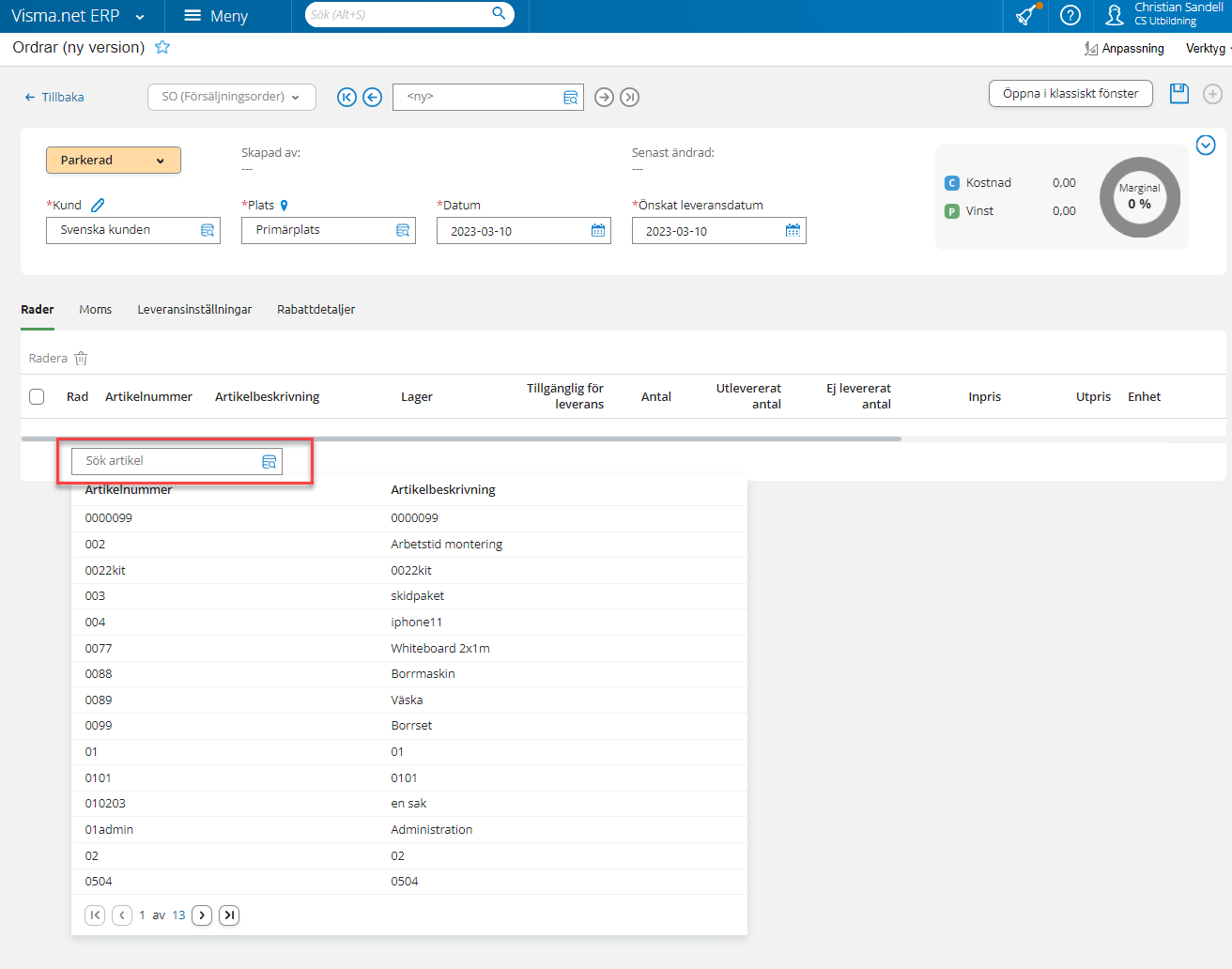 Nya orderfönstret - Skapa en ny order - Visma Community