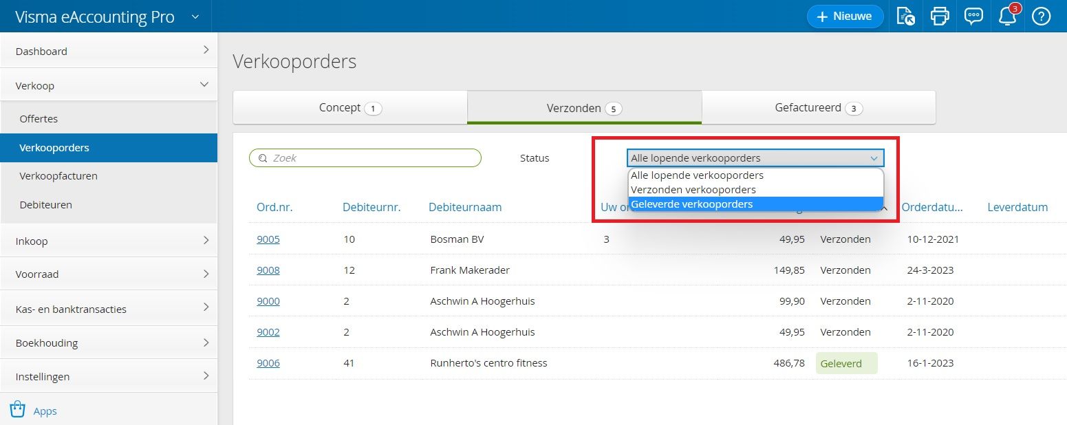 Filteren op verzonden en geleverde orders - Visma Community