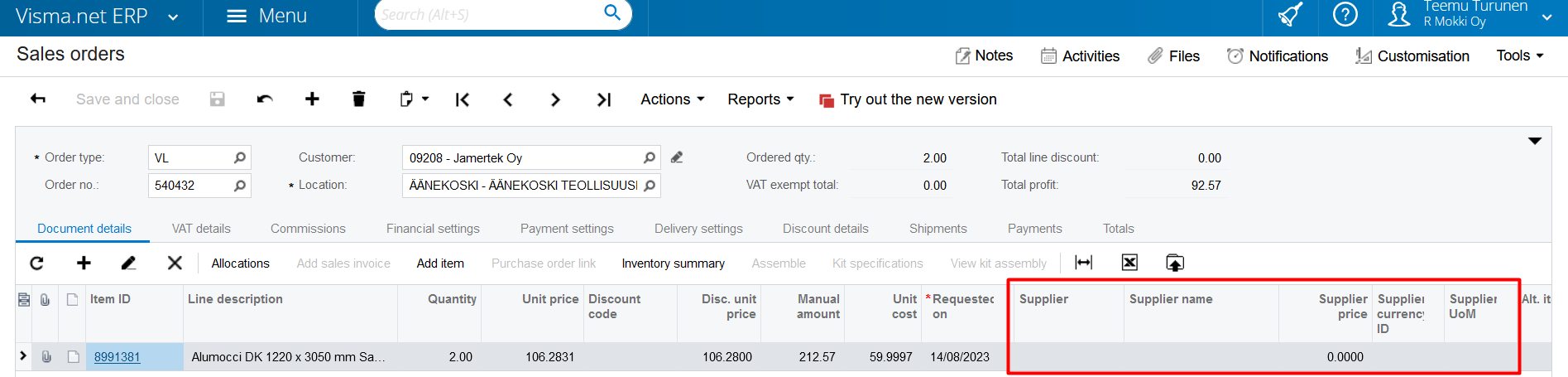 Solved: Supplier data is not applied to sales order rows w... - Visma Community