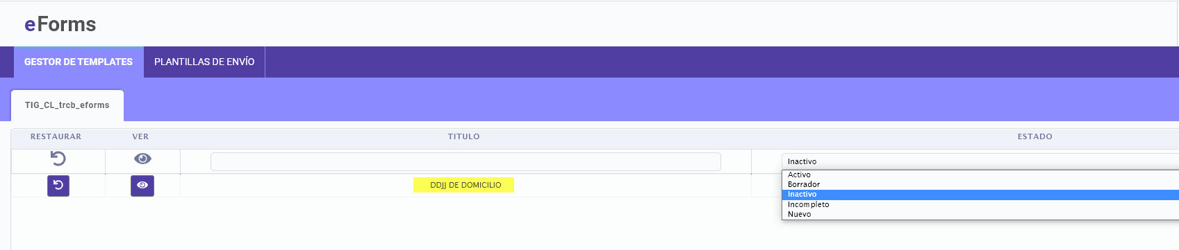 Inactivar template de eforms