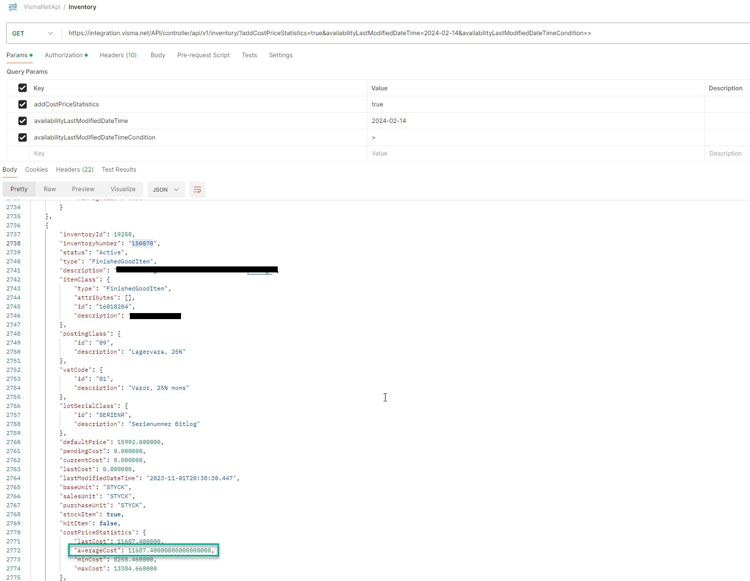 Inventory averageCost - Visma Community
