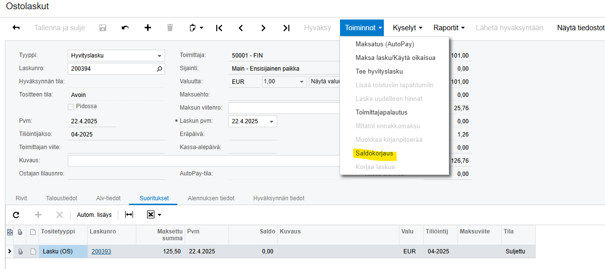 Pienten summien saldonkorjaus hyvityslakuille - Visma Community