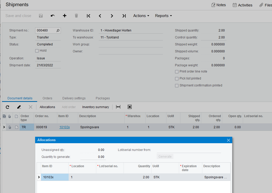 Transfer shipments with serial numbers - Visma Community